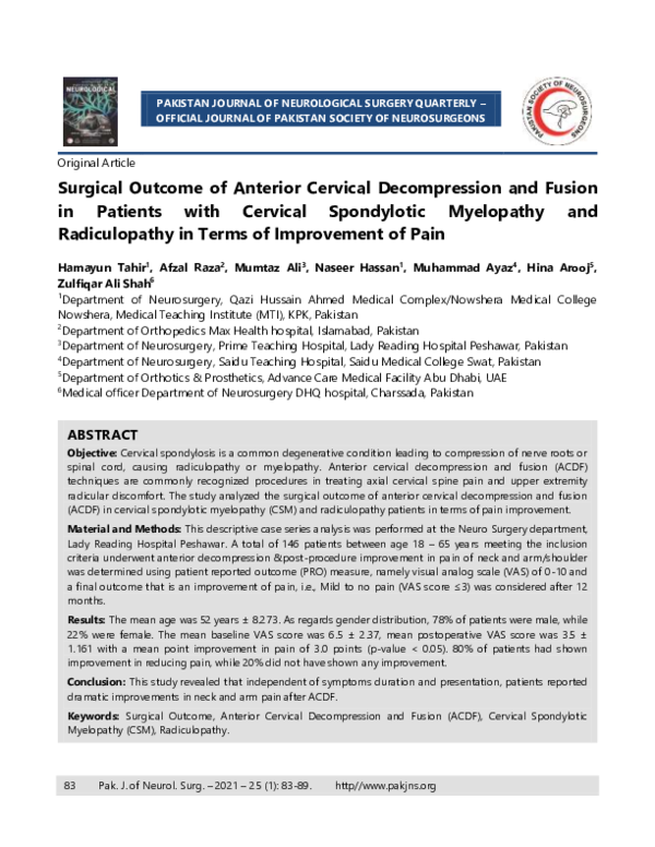 (PDF) Surgical Outcome of Anterior Cervical Decompression and Fusion in ...