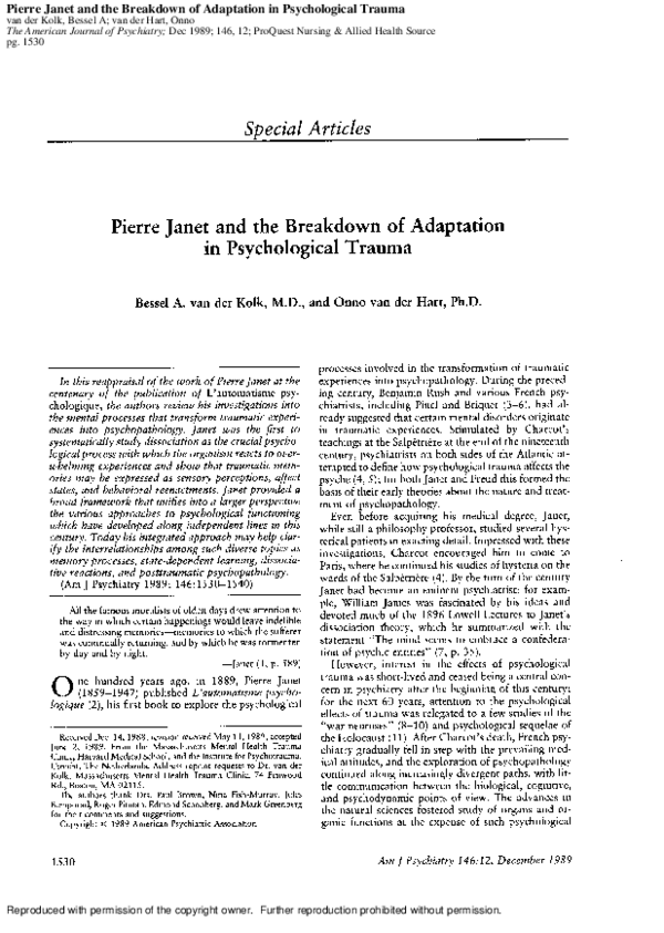 (PDF) Pierre Janet and the breakdown of adaptation in psychological trauma
