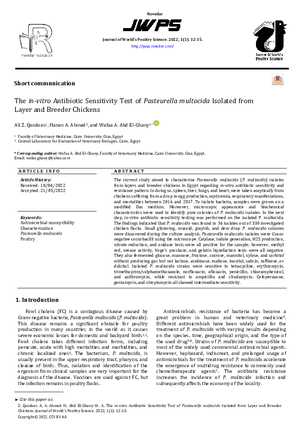 (PDF) The in-vitro Antibiotic Sensitivity Test of Pasteurella multocida ...