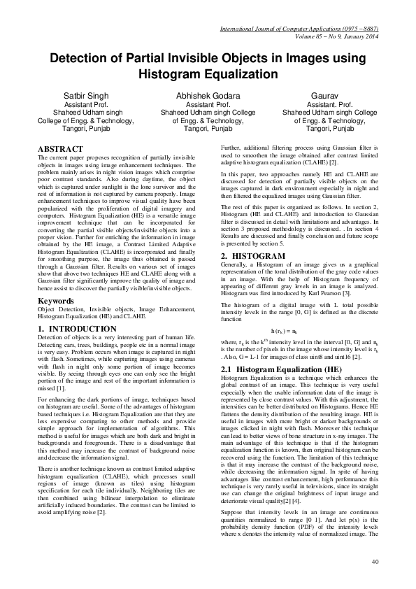 (PDF) Detection of Partial Invisible Objects in Images using Histogram Equalization