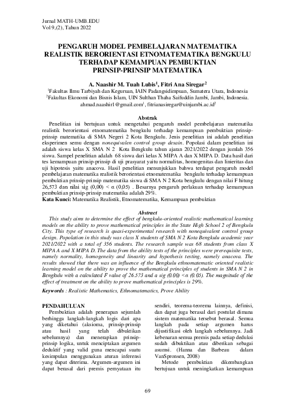 (PDF) Pengaruh Model Pembelajaran Matematika Realistik Berorientasi Etnomatematika Bengkulu ...