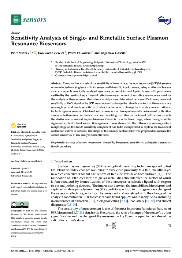 (PDF) Sensitivity Analysis of Single- and Bimetallic Surface Plasmon Resonance Biosensors