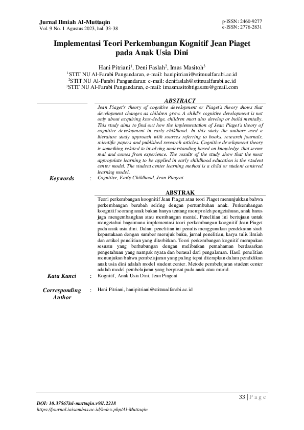 (PDF) Implementasi Teori Perkembangan Kognitif Jean Piaget Pada Anak ...