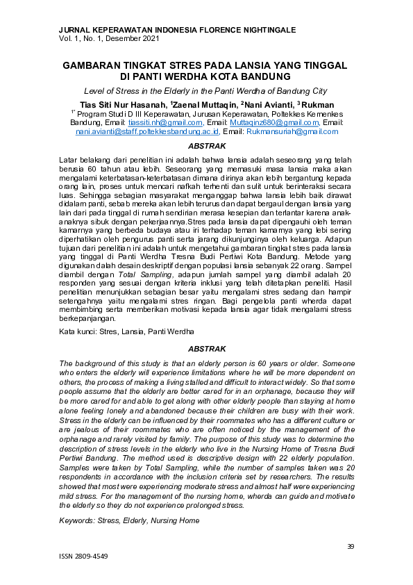 (PDF) Gambaran Tingkat Stres Pada Lansia Yang Tinggal DI Panti Werdha Tresna Budi Pertiwi Kota ...