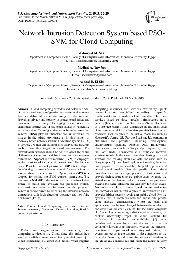 (PDF) Network Intrusion Detection System based PSO-SVM for Cloud Computing