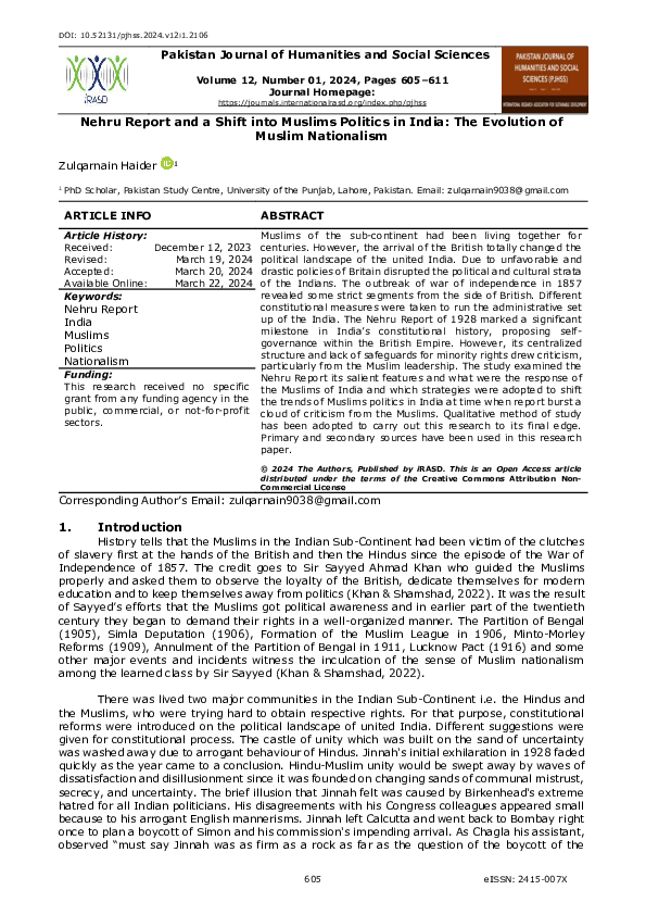 (PDF) Nehru Report and a Shift into Muslims Politics in India: The ...