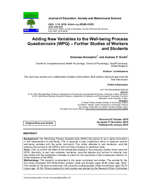(PDF) Adding New Variables to the Well-being Process Questionnaire (WPQ) – Further Studies of ...