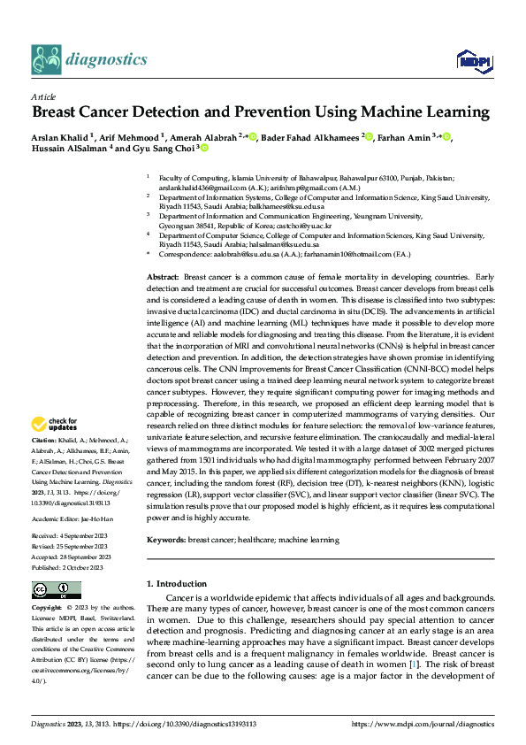 (PDF) Breast Cancer Detection and Prevention Using Machine Learning
