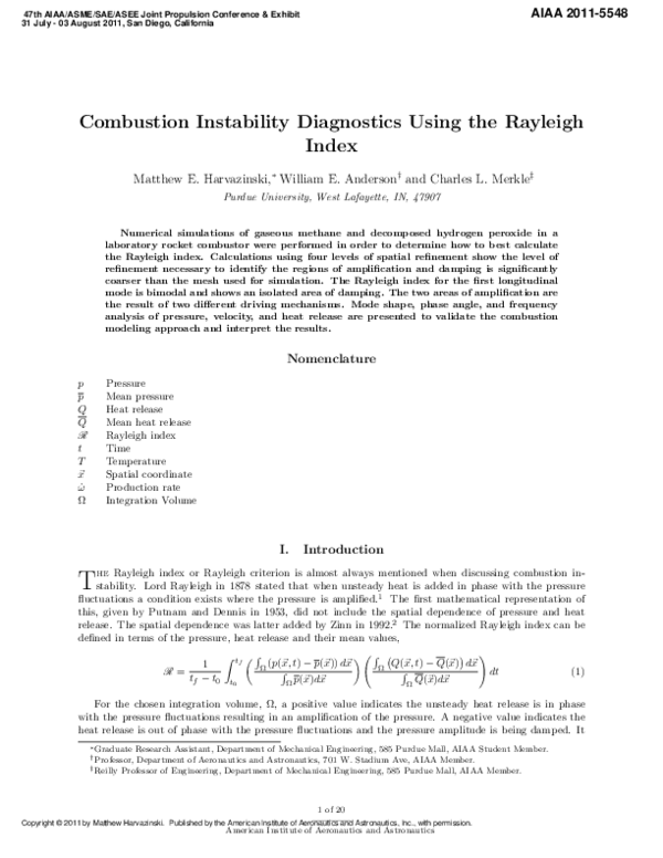 (PDF) Combustion Instability Diagnostics Using the Rayleigh Index