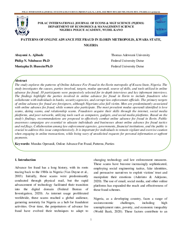 (PDF) PATTERNS OF ONLINE ADVANCE FEE FRAUD IN ILORIN METROPOLIS, KWARA ...