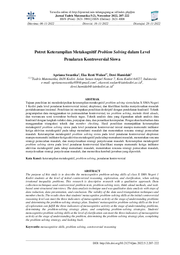 (PDF) Potret Keterampilan Metakognitif Problem Solving dalam Level Penalaran Kontroversial Siswa ...
