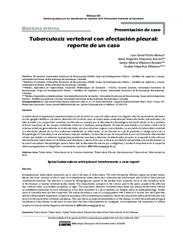 (PDF) Tuberculosis vertebral con afectación pleural: reporte de un caso