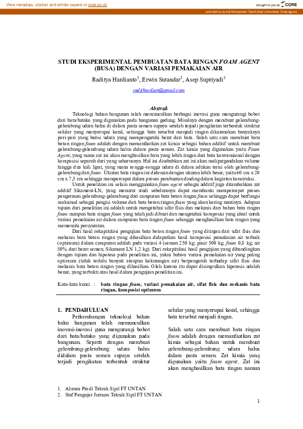 (PDF) Studi Eksperimental Pembuatan Bata Ringan Foam Agent (Busa) Dengan Variasi Pemakaian Air