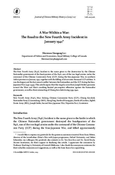 (PDF) A War Within a War: The Road to the New Fourth Army Incident in ...