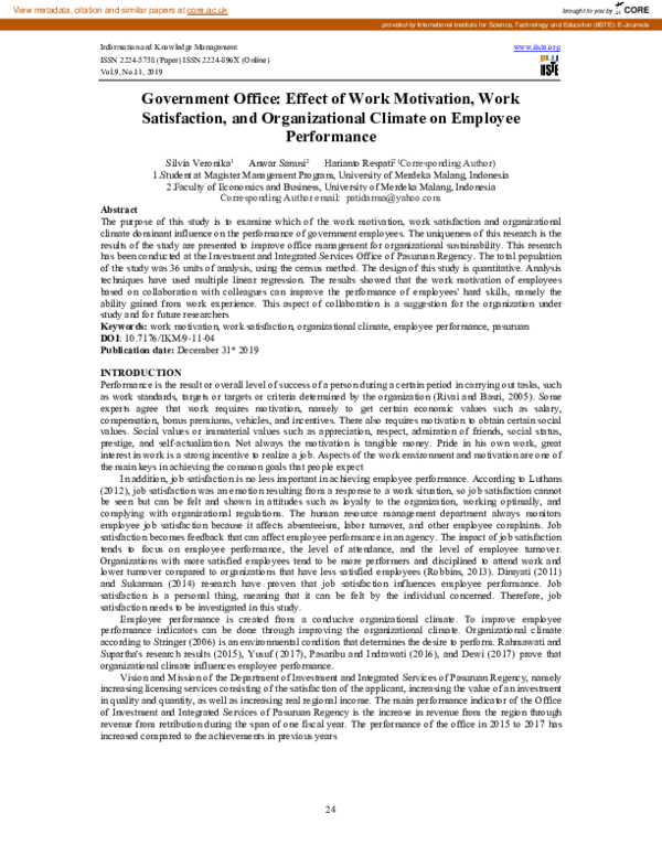 (PDF) Government Office: Effect of Work Motivation, Work Satisfaction ...