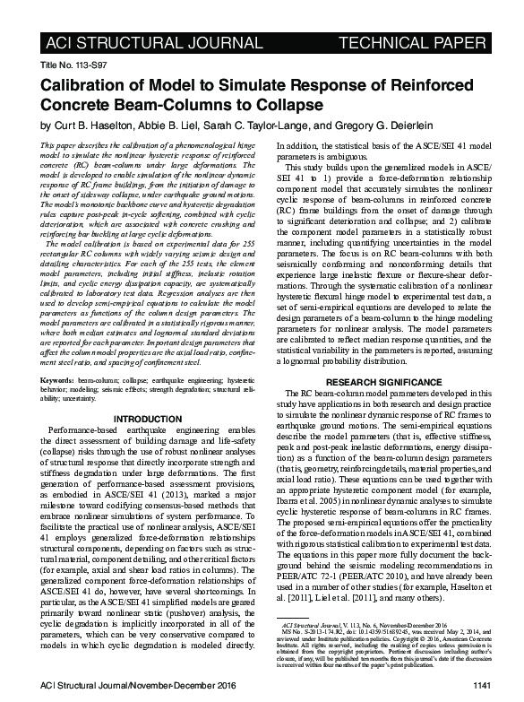 Pdf Calibration Of Model To Simulate Response Of Reinforced Concrete Beam Columns To Collapse
