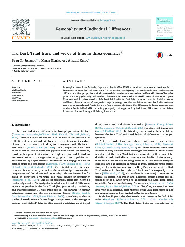(PDF) The Dark Triad traits and views of time in three countries