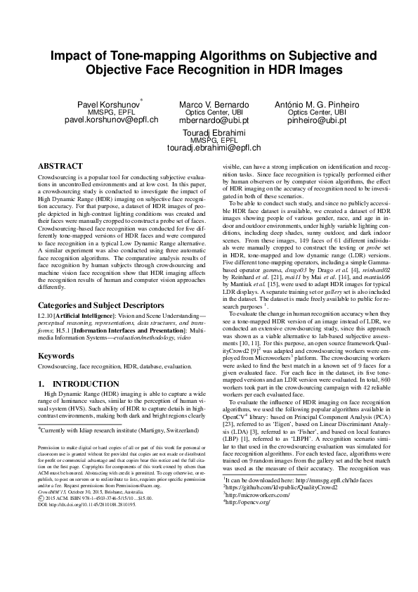 (PDF) Impact of Tone-mapping Algorithms on Subjective and Objective Face Recognition in HDR Images
