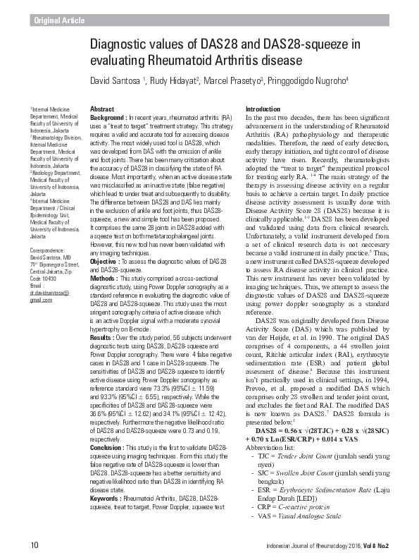 (PDF) Diagnostic values of DAS28 and DAS28-squeeze in evaluating ...