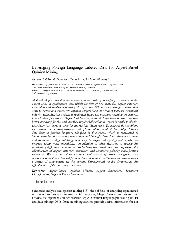 (PDF) Leveraging Foreign Language Labeled Data for Aspect-Based Opinion Mining