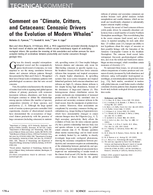 (PDF) Comment on “Climate, Critters, and Cetaceans: Cenozoic Drivers of ...