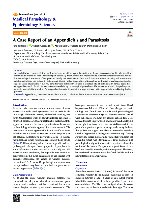 (PDF) A Case Report of an Appendicitis and Parasitosis