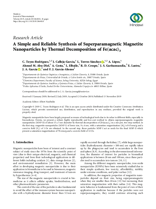 (PDF) A Simple and Reliable Synthesis of Superparamagnetic Magnetite Nanoparticles by Thermal ...