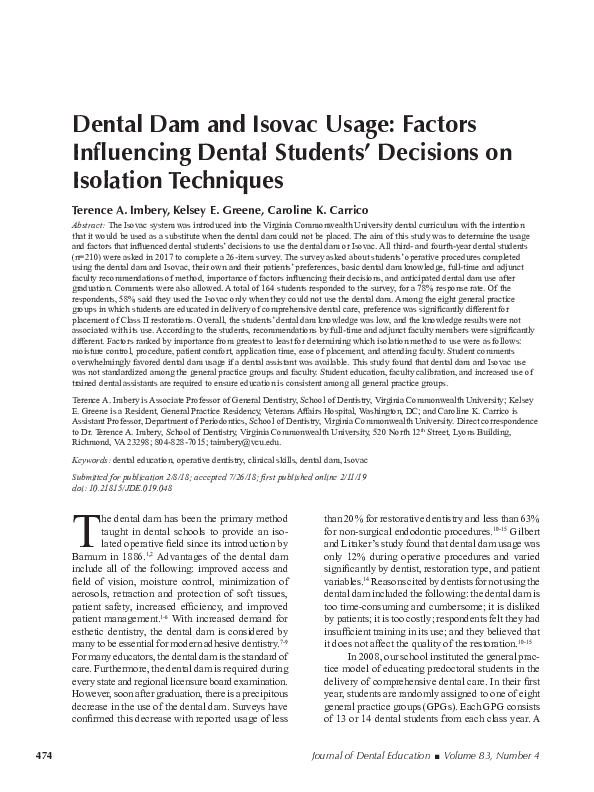 (PDF) Dental Dam and Isovac Usage: Factors Influencing Dental Students ...