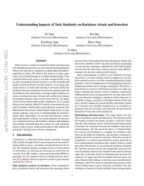 (PDF) Understanding Impacts of Task Similarity on Backdoor Attack and Detection