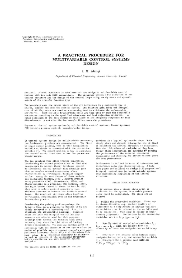 (PDF) A Practical Procedure for Multivariable Control Systems Design
