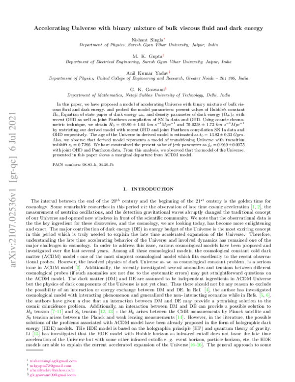 (PDF) Accelerating universe with binary mixture of bulk viscous fluid and dark energy