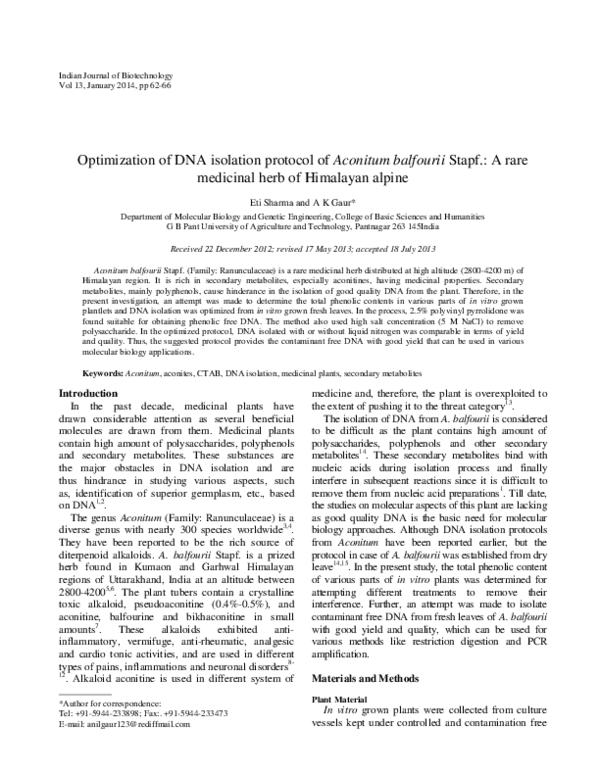 Pdf Optimization Of Dna Isolation Protocol Of Aconitum Balfourii Satpf A Rare Medicinal Herb