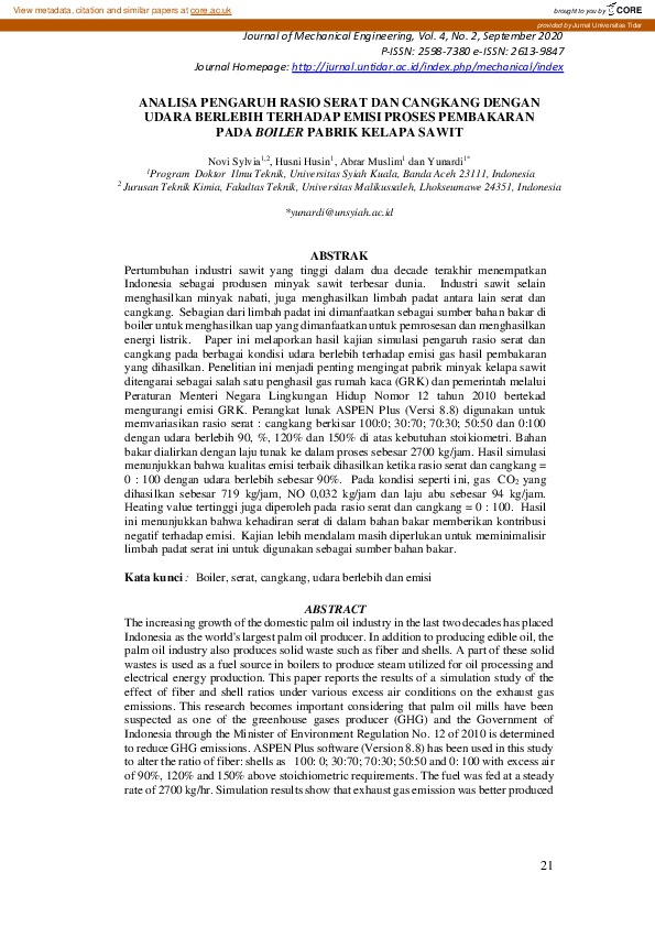 (PDF) Analisa Pengaruh Rasio Serat Dan Cangkang Dengan Udara Berlebih Terhadap Emisi Proses ...