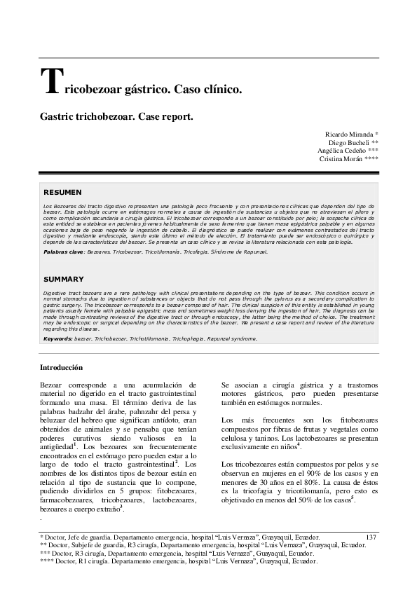 (PDF) Tricobezoar gástrico. Caso clínico