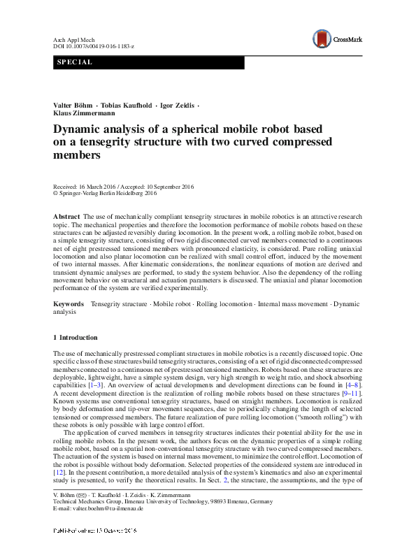 Pdf Dynamic Analysis Of A Spherical Mobile Robot Based On A Tensegrity Structure With Two