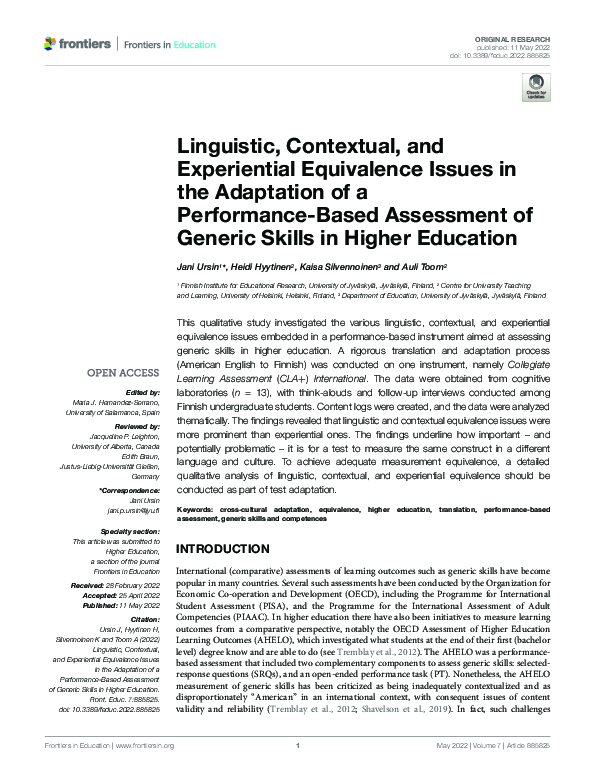 (PDF) Linguistic, Contextual, and Experiential Equivalence Issues in the Adaptation of a ...