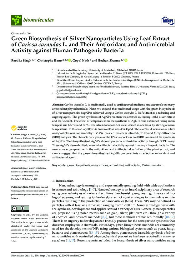 (PDF) Green Biosynthesis of Silver Nanoparticles Using Leaf Extract of Carissa carandas L. and ...