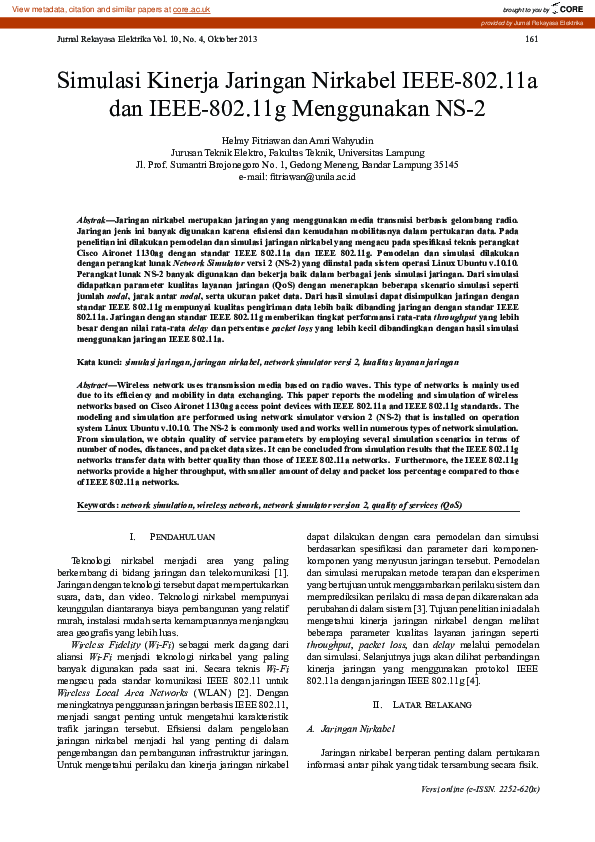 (PDF) Simulasi Kinerja Jaringan Nirkabel IEEE-802.11a dan IEEE-802.11g Menggunakan NS-2
