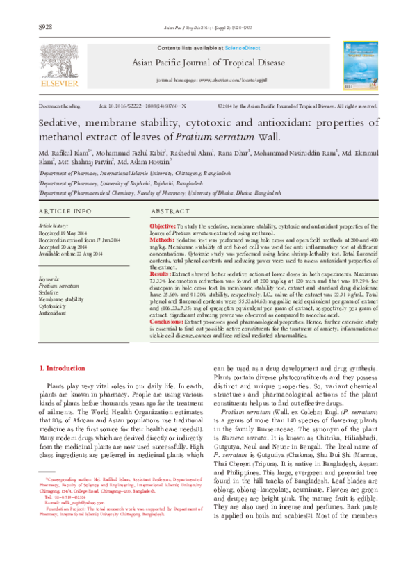 (PDF) Sedative, membrane stability, cytotoxic and antioxidant ...