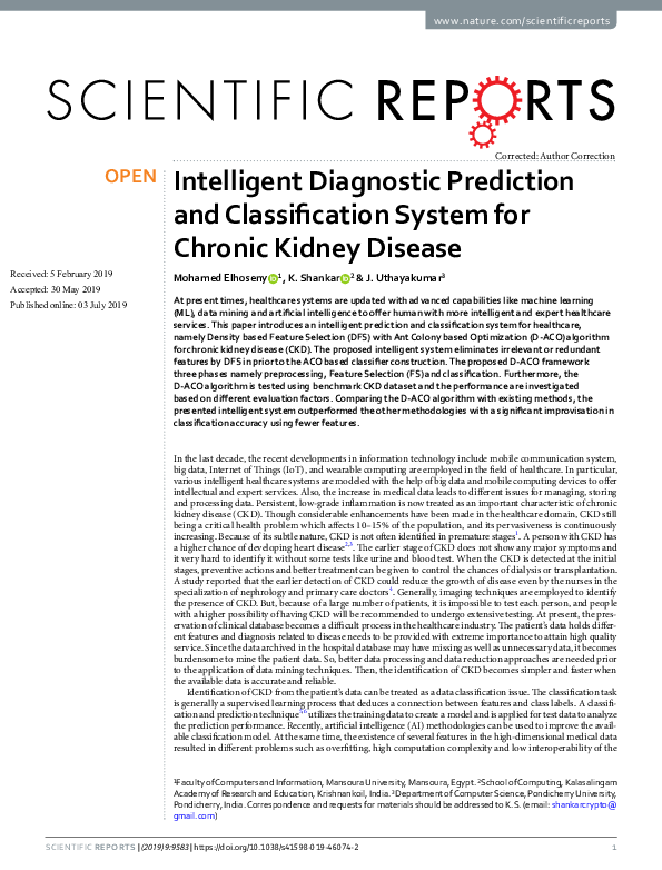 (PDF) Intelligent Diagnostic Prediction and Classification System for Chronic Kidney Disease