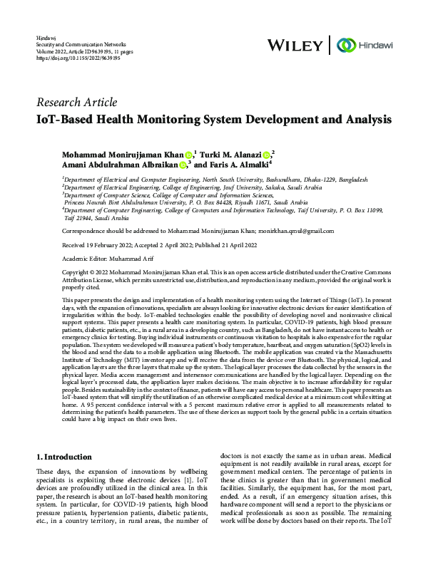 (PDF) IoT-Based Health Monitoring System Development and Analysis | Amani Albraikan - Academia.edu
