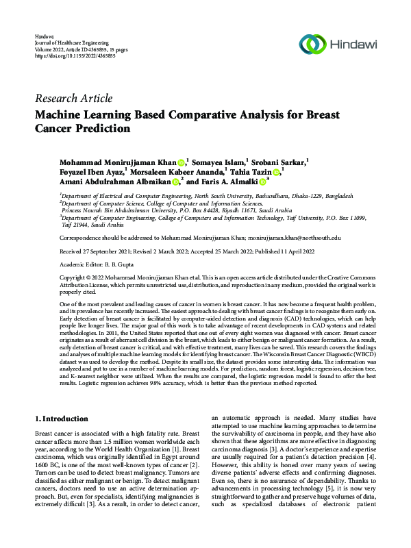 (PDF) Machine Learning Based Comparative Analysis for Breast Cancer Prediction