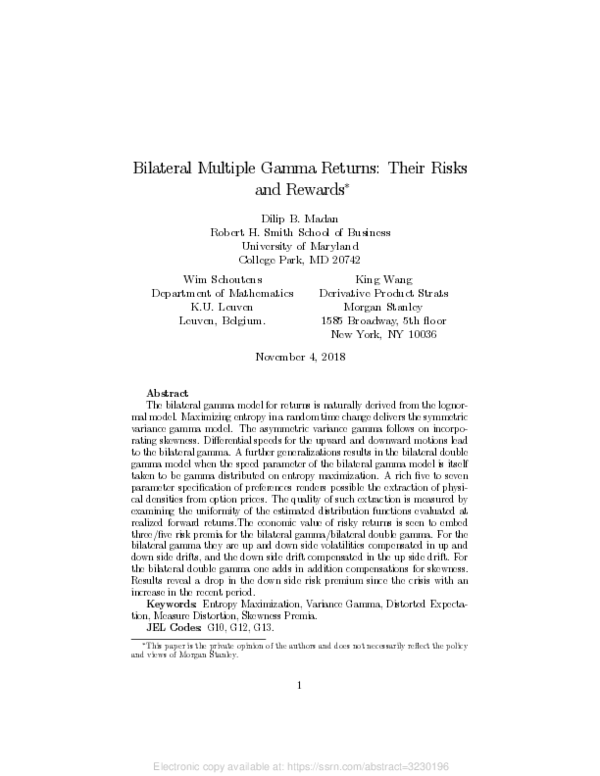 (PDF) Bilateral Multiple Gamma Returns: Their Risks and Rewards