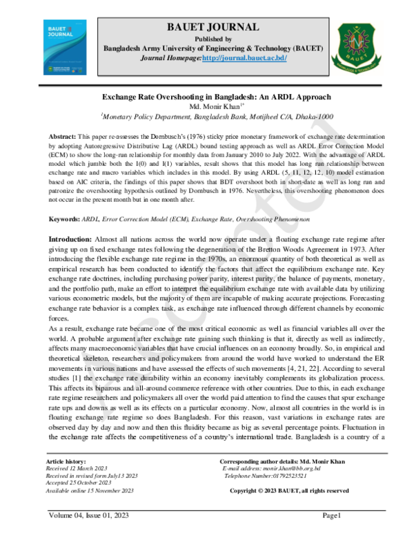 (PDF) Exchange Rate Overshooting in Bangladesh: An ARDL Approach