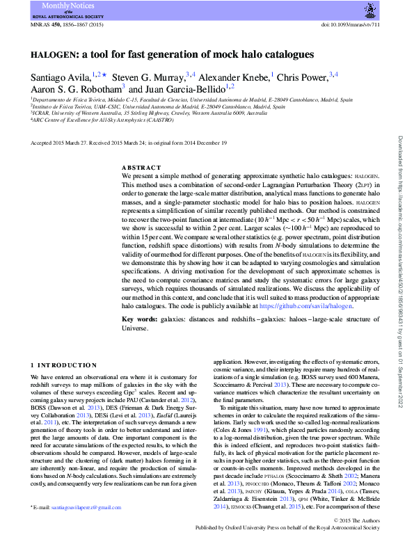 (PDF) HALOGEN: a tool for fast generation of mock halo catalogues