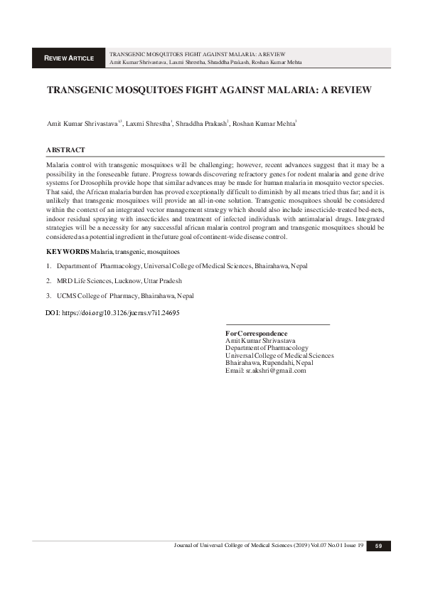 (PDF) Transgenic Mosquitoes Fight against Malaria: A Review