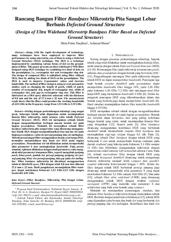 Pdf Rancang Bangun Filter Bandpass Mikrostrip Pita Sangat Lebar Berbasis Defected Ground