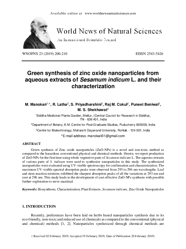 (PDF) Green synthesis of zinc oxide nanoparticles from aqueous extracts of Sesamum indicum L ...