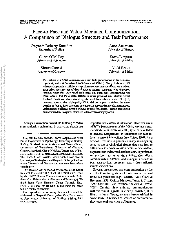 Pdf Face To Face And Video Mediated Communication A Comparison Of Dialogue Structure And Task