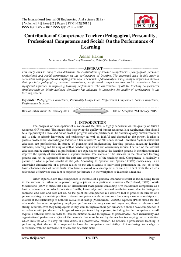 (PDF) Contribution of Competence Teacher (Pedagogical, Personality, Professional Competence and ...